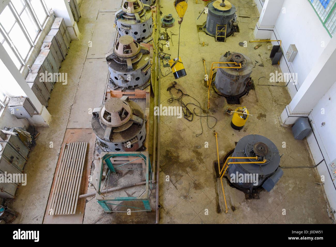 Engines of water pumps at a water pumping station. Pumping irrigation ...