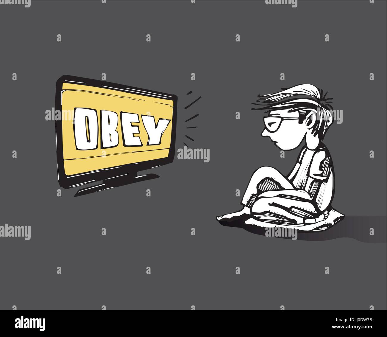 Hand drawn vector illustration or drawing of a kid watching tv with the ...