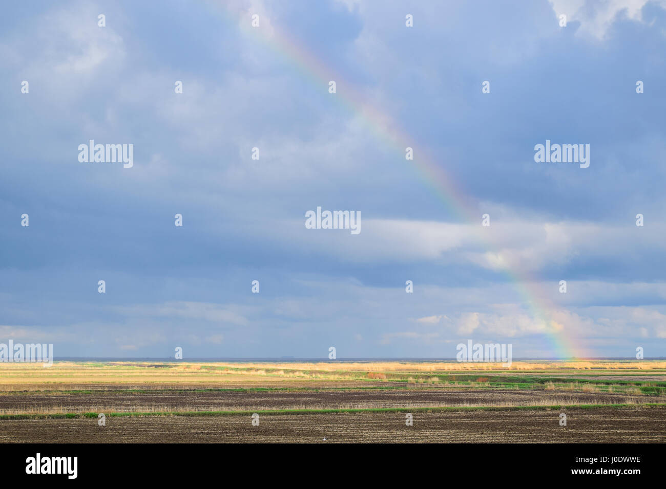 Rainbow, a view of the landscape in the field. Formation of the rainbow ...