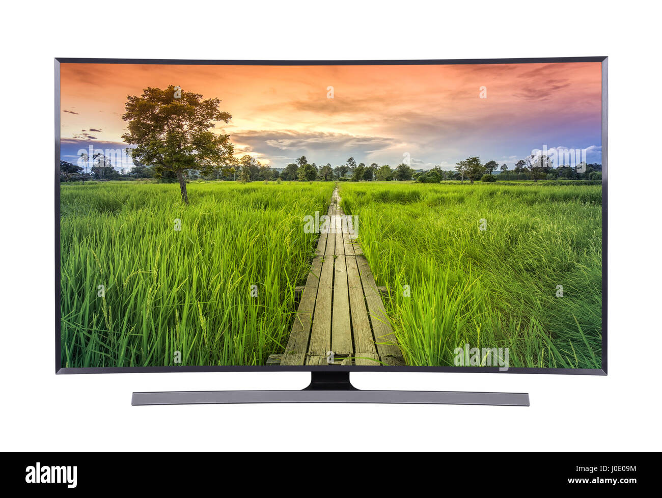 big led tv with wooden bridge and nature landscape view isolated on ...