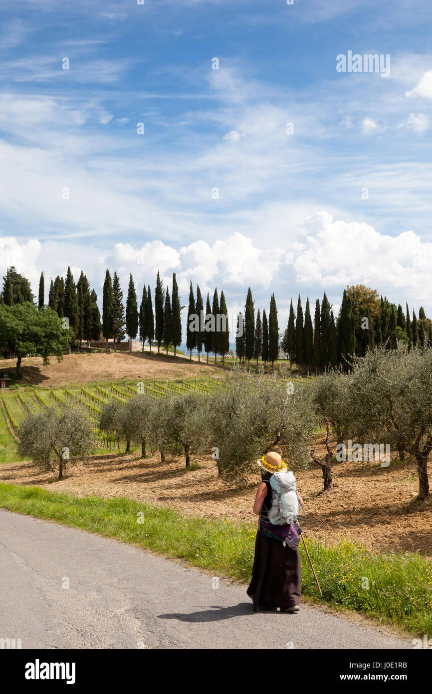 pilgrim on her way in tuscany italy Stock Photo - Alamy