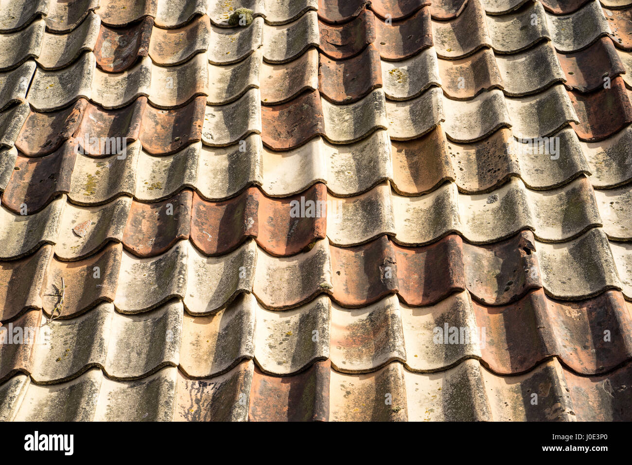 closeup of vintage tile roof with light and dark brick. The roof is old ...