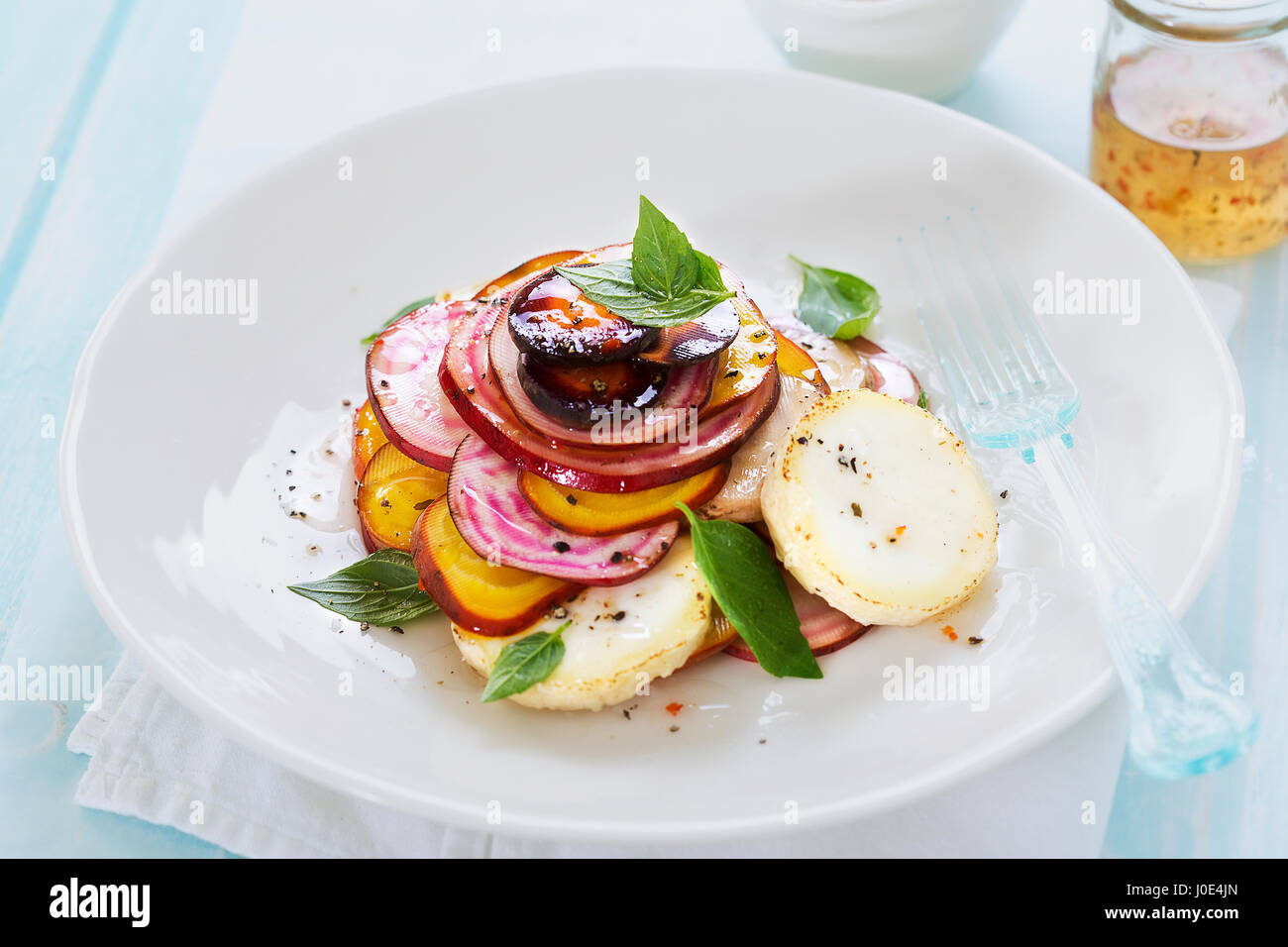 Goat's cheese and beetroot salad with vinaigrette Stock Photo - Alamy