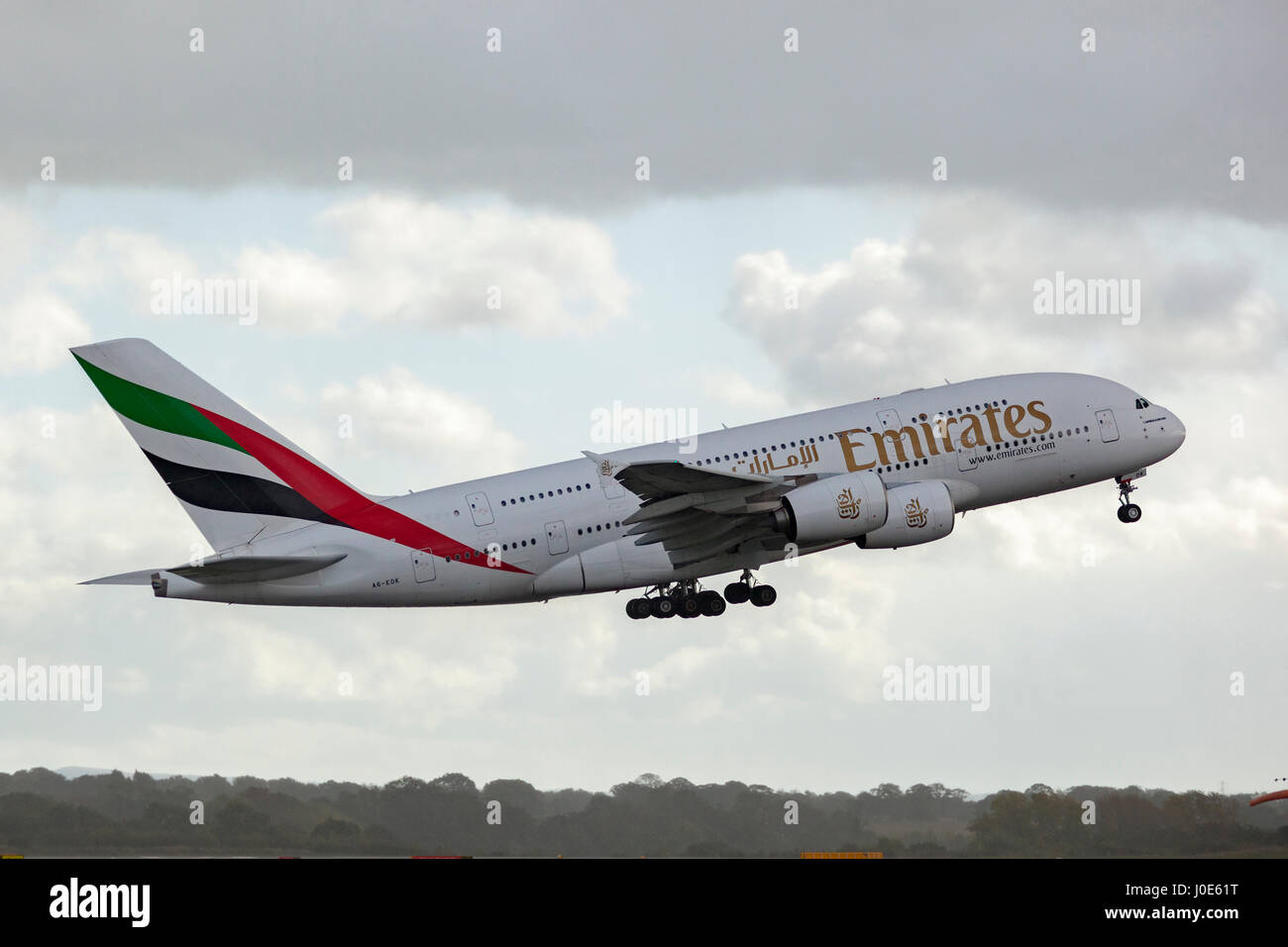 Emirates Airbus A380-800 taking off. In flight Stock Photo - Alamy