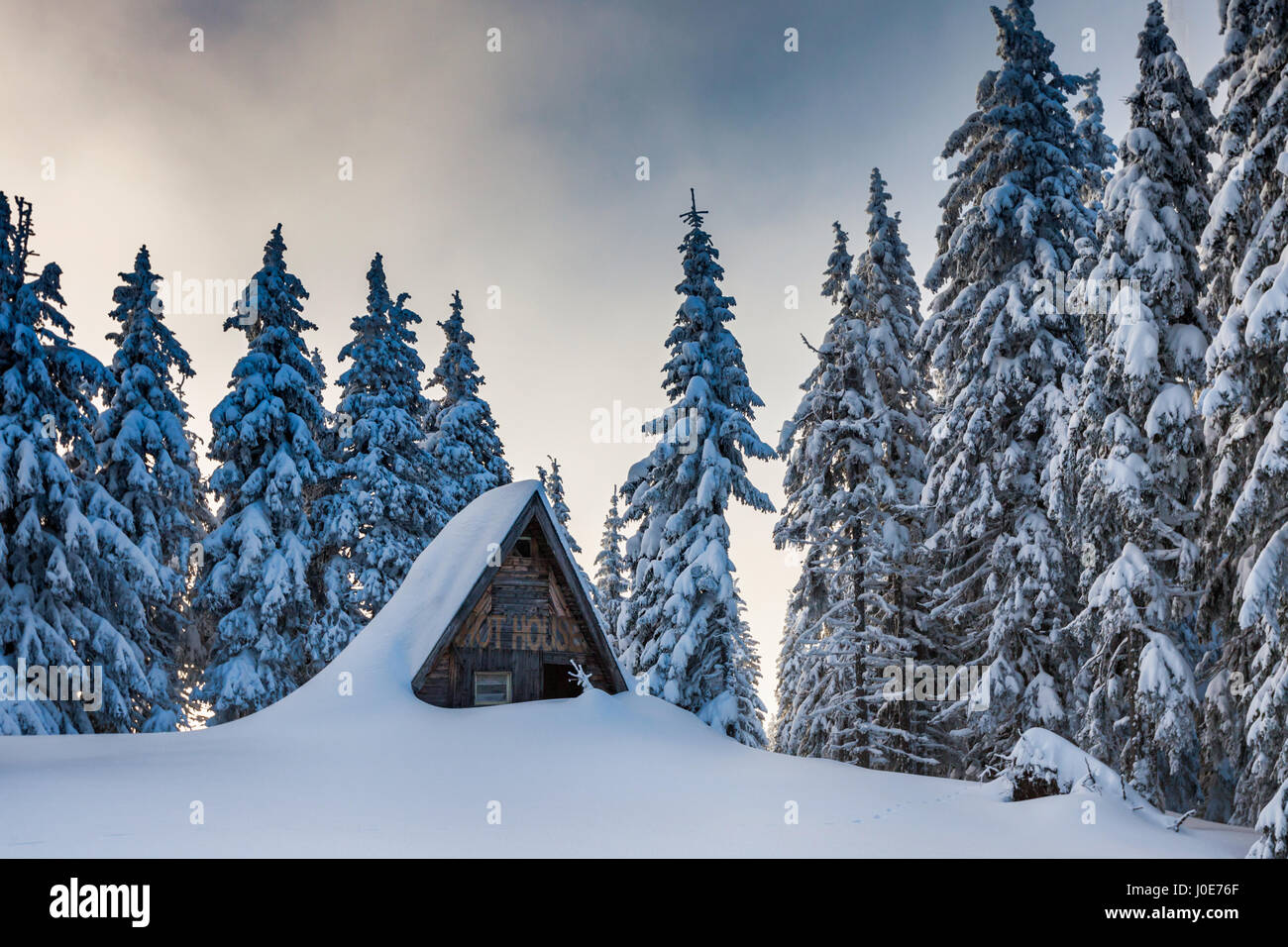 Small mountain cottage covered with deep snow Stock Photo - Alamy