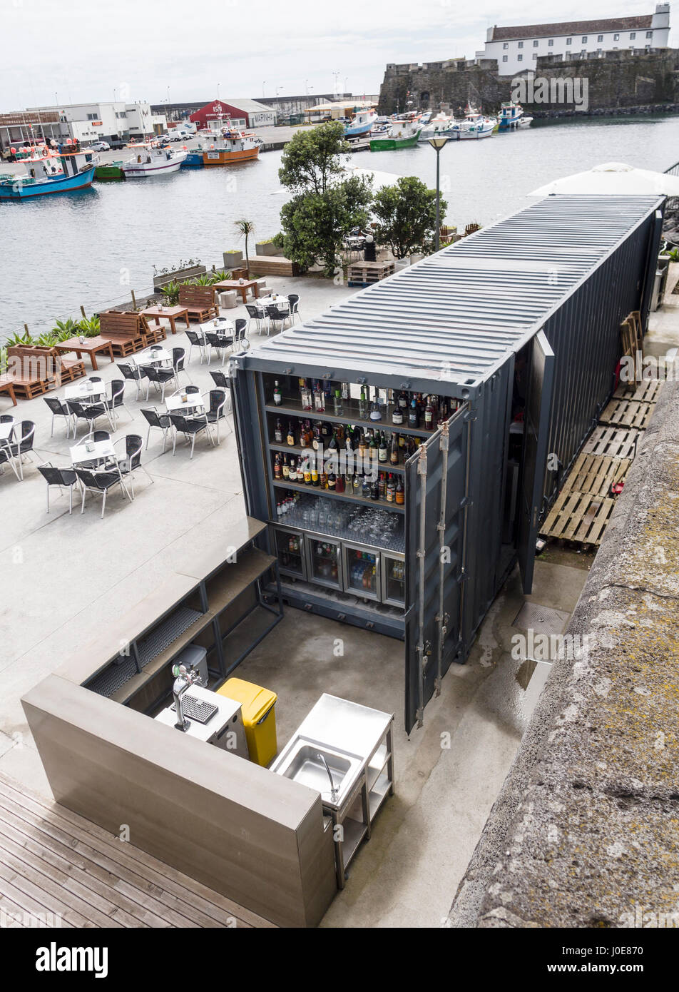 Shipping Container Bar. On the Ponta Delgada harbour waterfront a ...