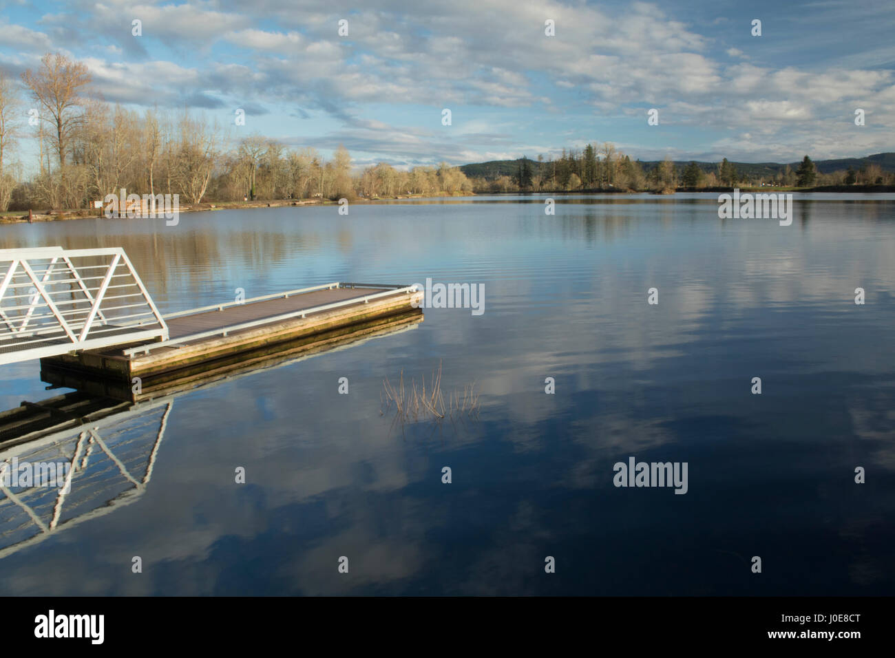 The blue sky and clouds are reflected in Cheadle Lake, Lebanon, OR. The ...