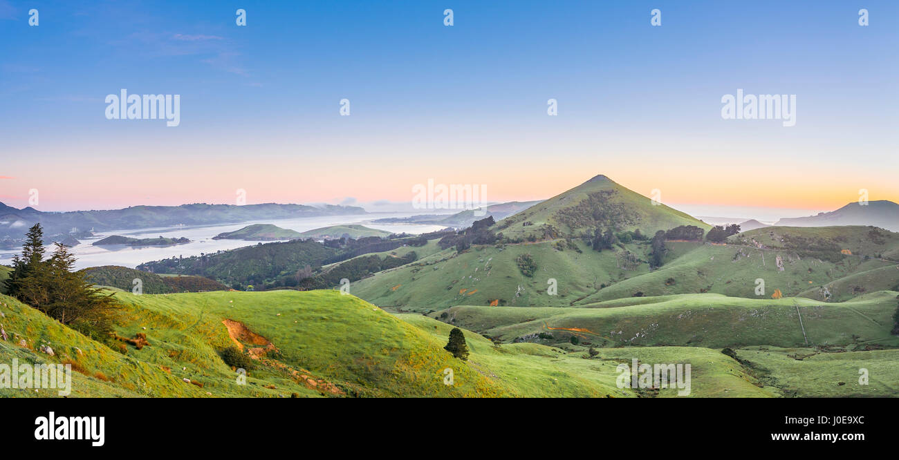 Morning atmosphere with view of Otago Peninsula, pyramid-shaped ...