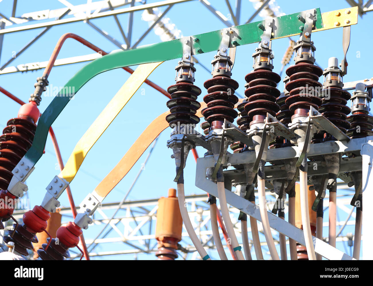 large ceramic insulators of a high-voltage transformer in the power ...