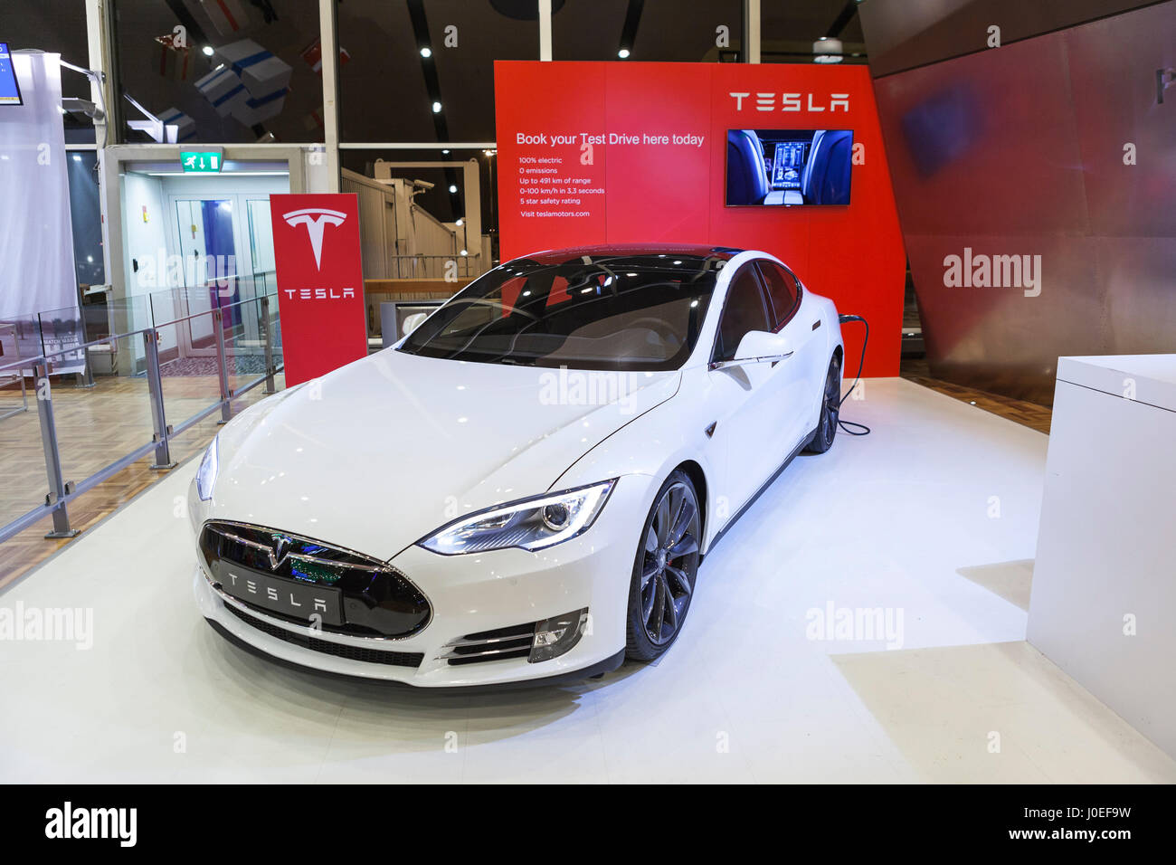 HELSINKI, FINLAND-CIRCA DEC, 2015: The Tesla car. Whitestar electric ...