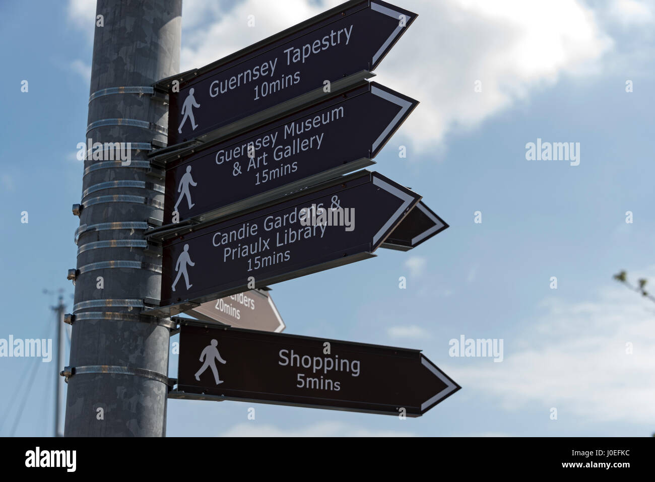 A tourist street sign pointing directions to local attractions and ...