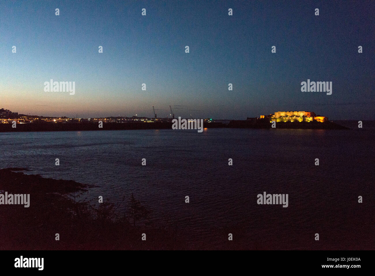 The 800 yearly Castle Cornet at night in St. Peter Port in Guernsey in ...