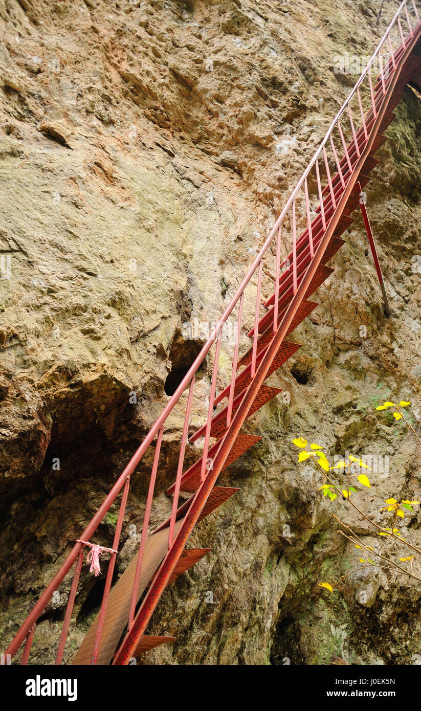 A steep metal ladder going up a rock cliff in the yandangshan (Mount ...