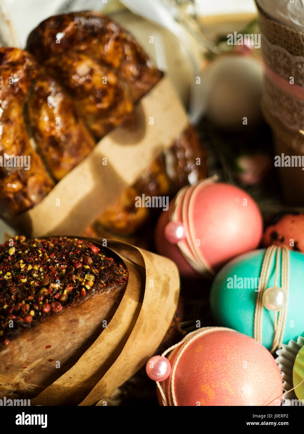 Easter basket for ceremony witn different food: Easter cake, colored ...