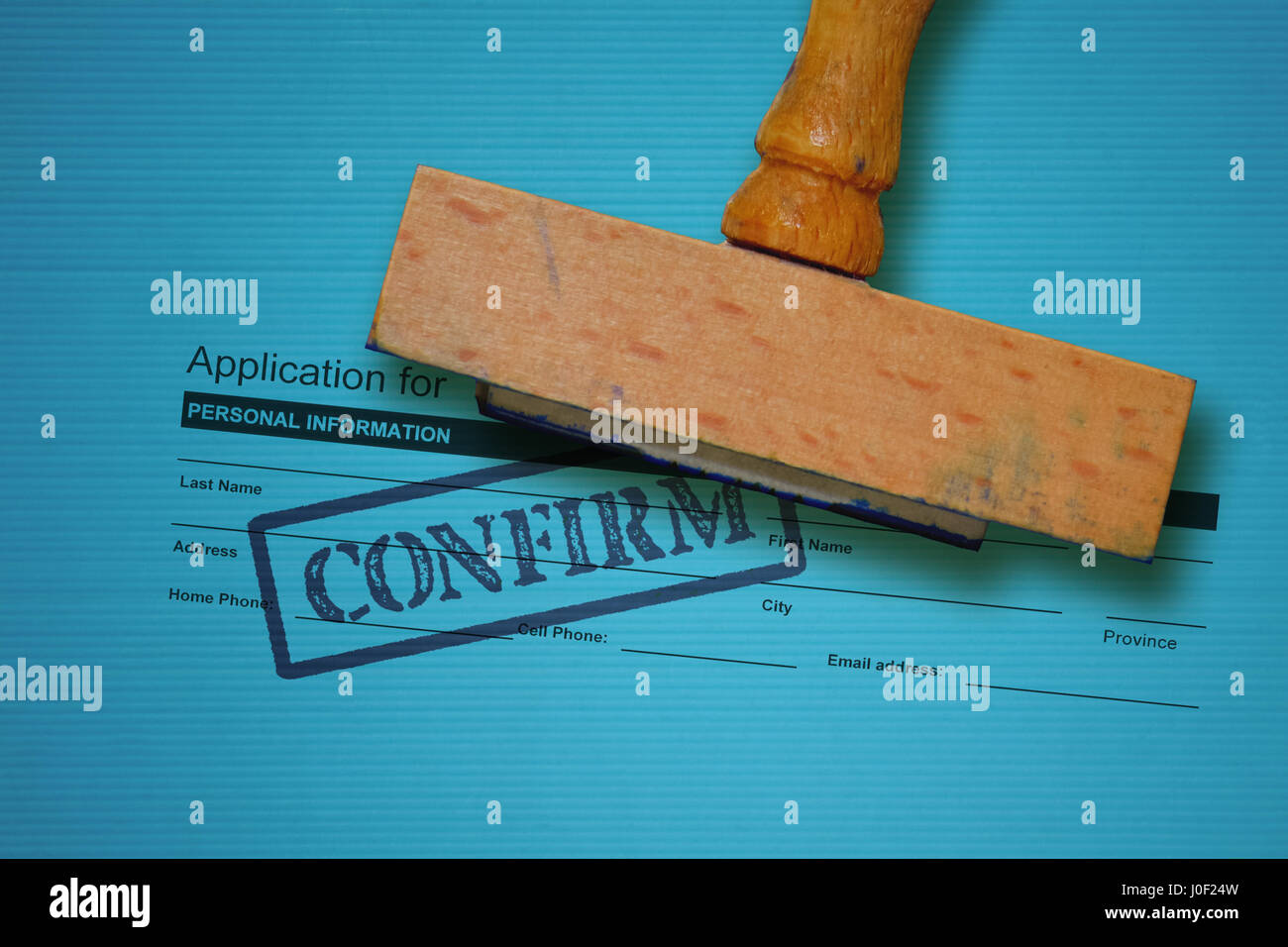 Job application form and wooden stamp on blue background Stock Photo ...