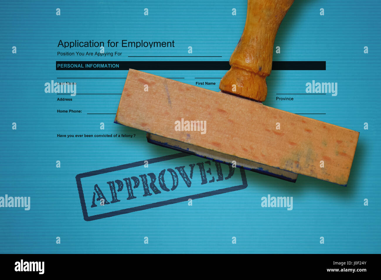 Job application form and wooden stamp on blue background Stock Photo ...
