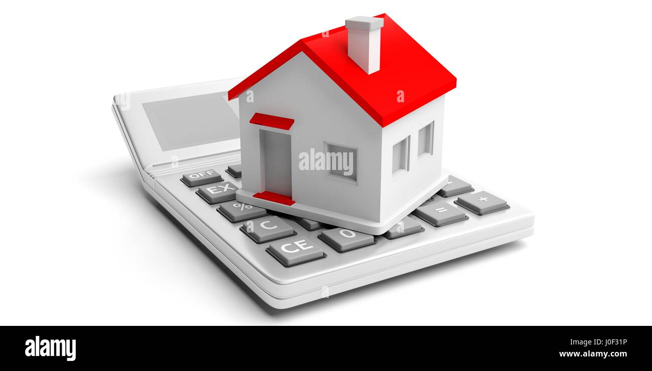 Calculator and small house isolated on white background. 3d ...