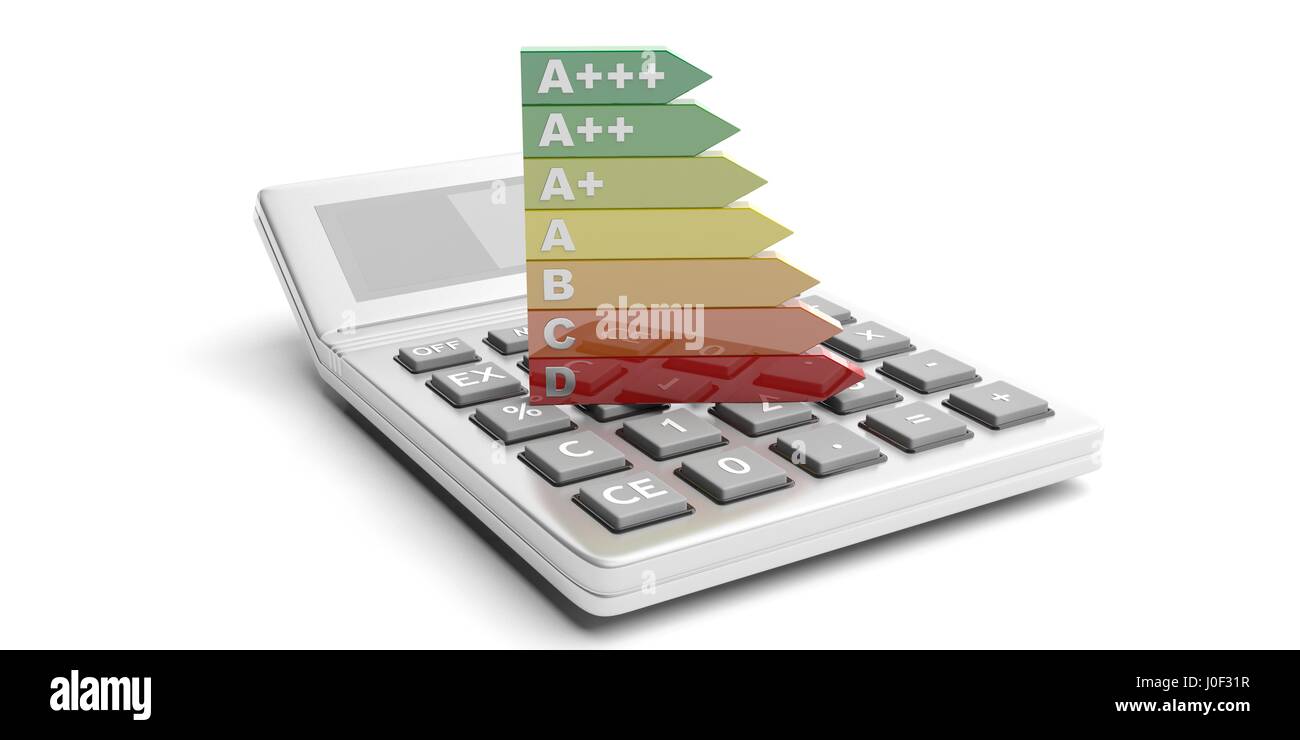 Energy efficiency rating and calculator isolated on white background ...