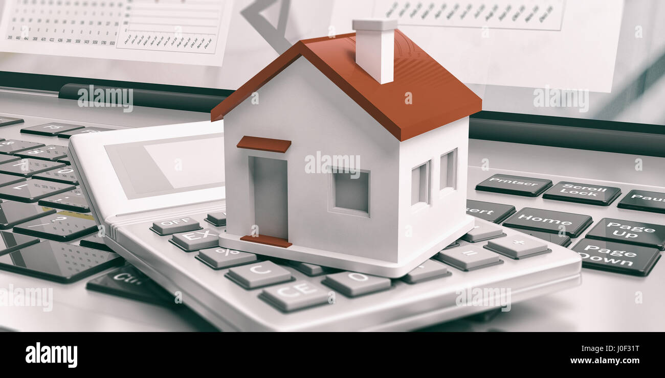 Calculator and a small house on a computer. 3d illustration Stock Photo ...
