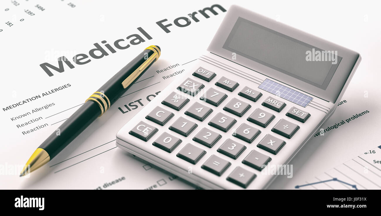 Calculator on a medical form. Healthcare cost concept. 3d illustration ...