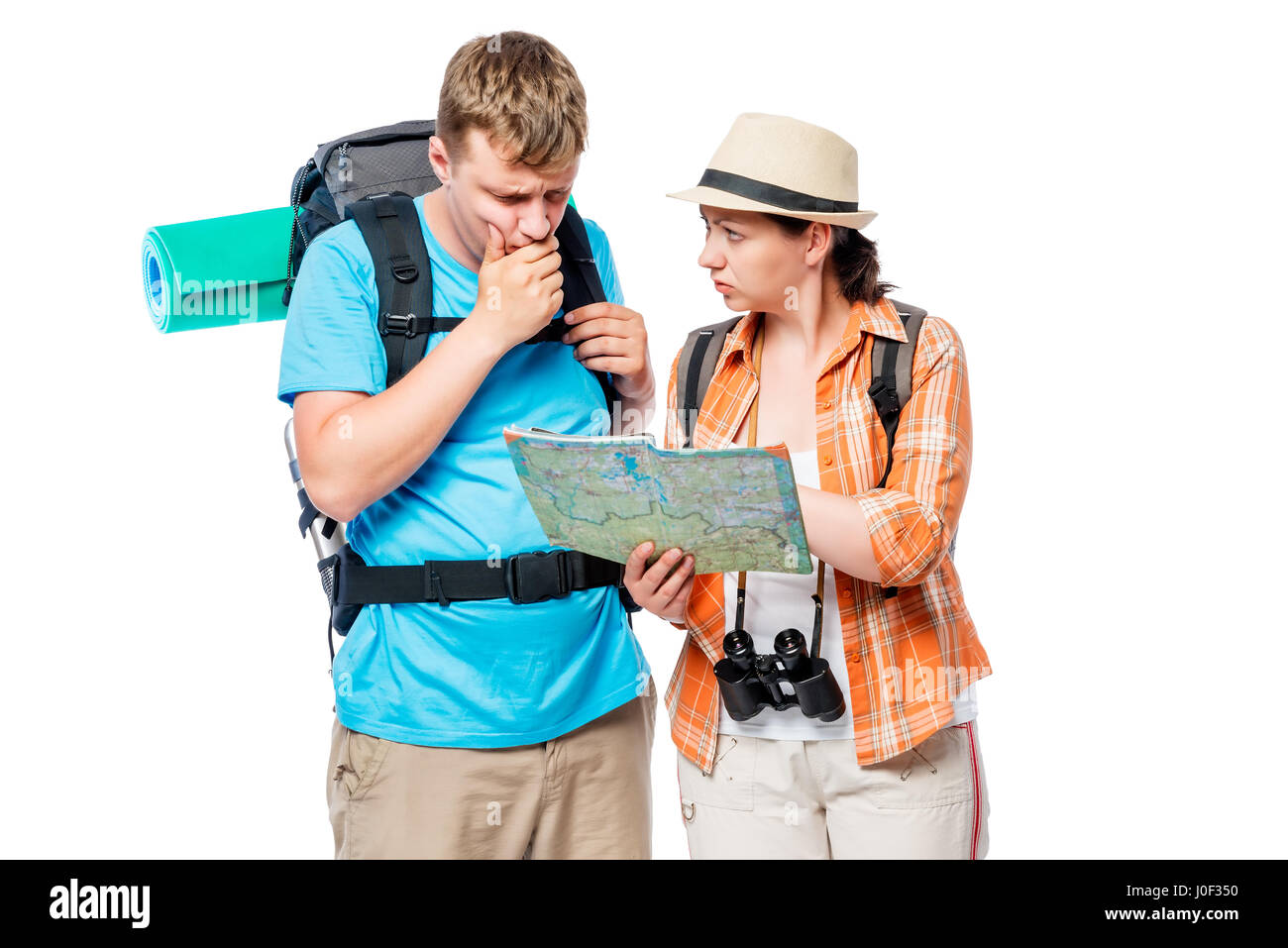 Thoughtful lost tourists looking at a map on a white background Stock ...