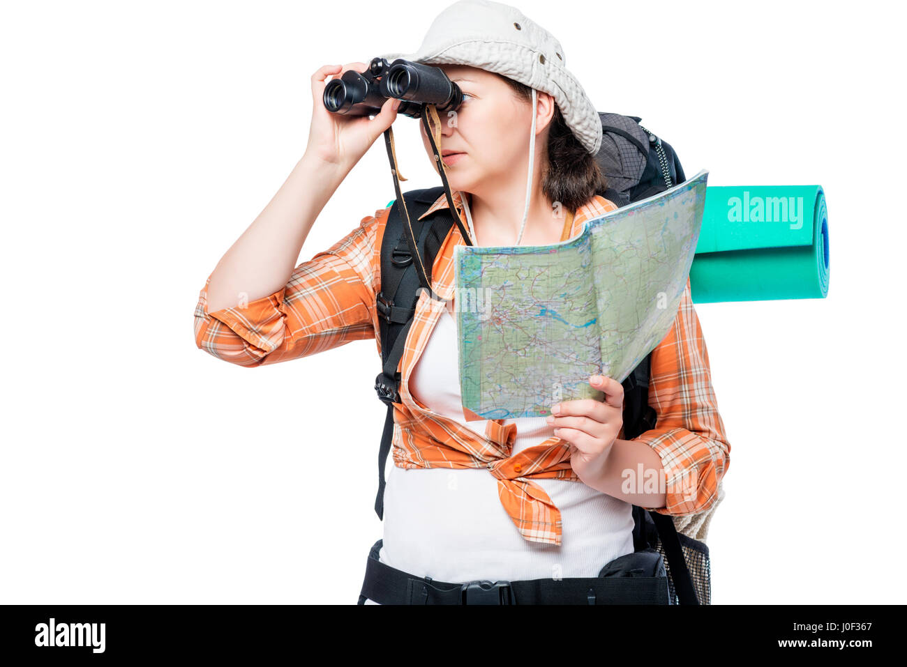 a lost woman tourist with a map and binoculars on a white background ...