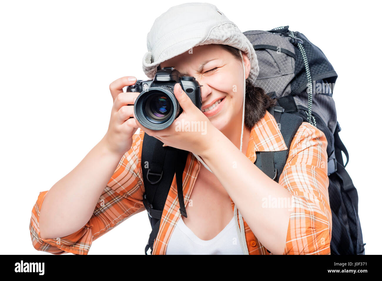 Professional tourist photographer at work, portrait isolated Stock ...
