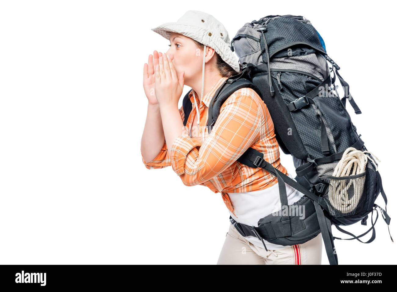 a lost young tourist calls for help, the space on the left Stock Photo ...