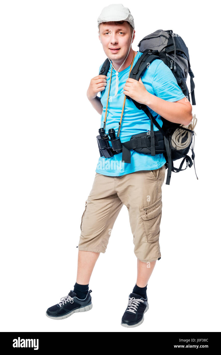 Hiker with a backpack resting standing on a white background Stock ...