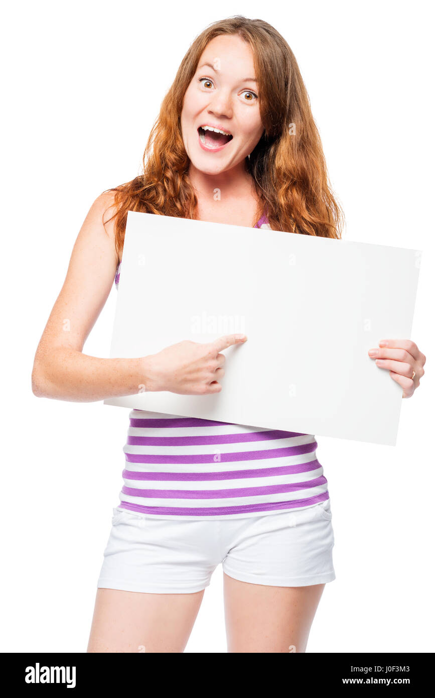 Emotional girl with a poster in hands on a white background Stock Photo ...