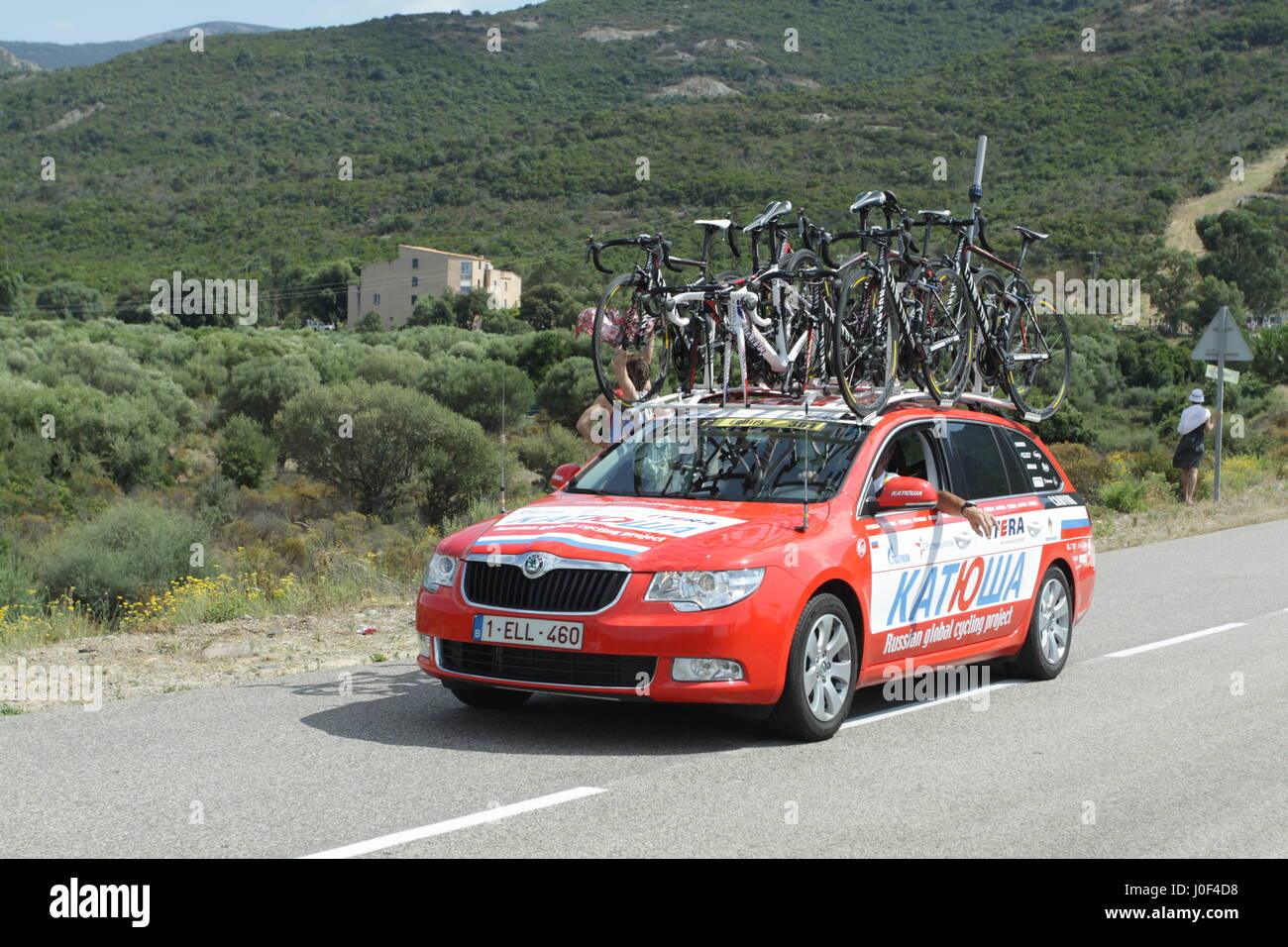 Support vehicles on the Tour de France bike race, Corsica, 2013 Stock ...