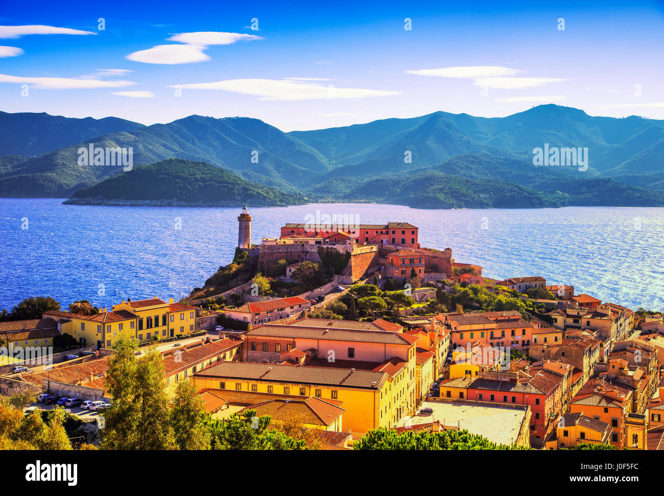 Elba island, Portoferraio aerial view. Lighthouse and fort. Tuscany ...