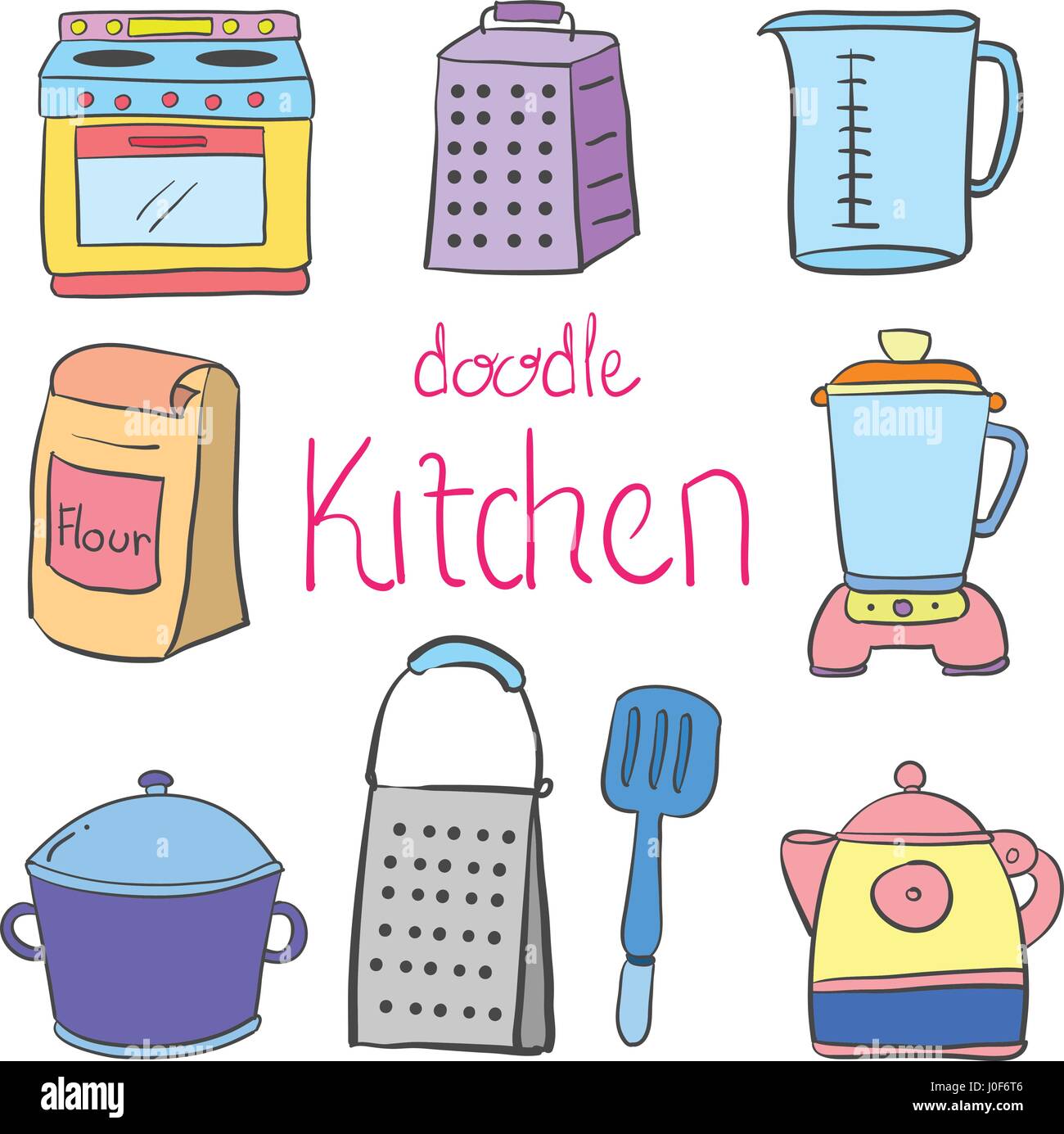 Doodle kitchen equipment colorful style vector illustration Stock ...
