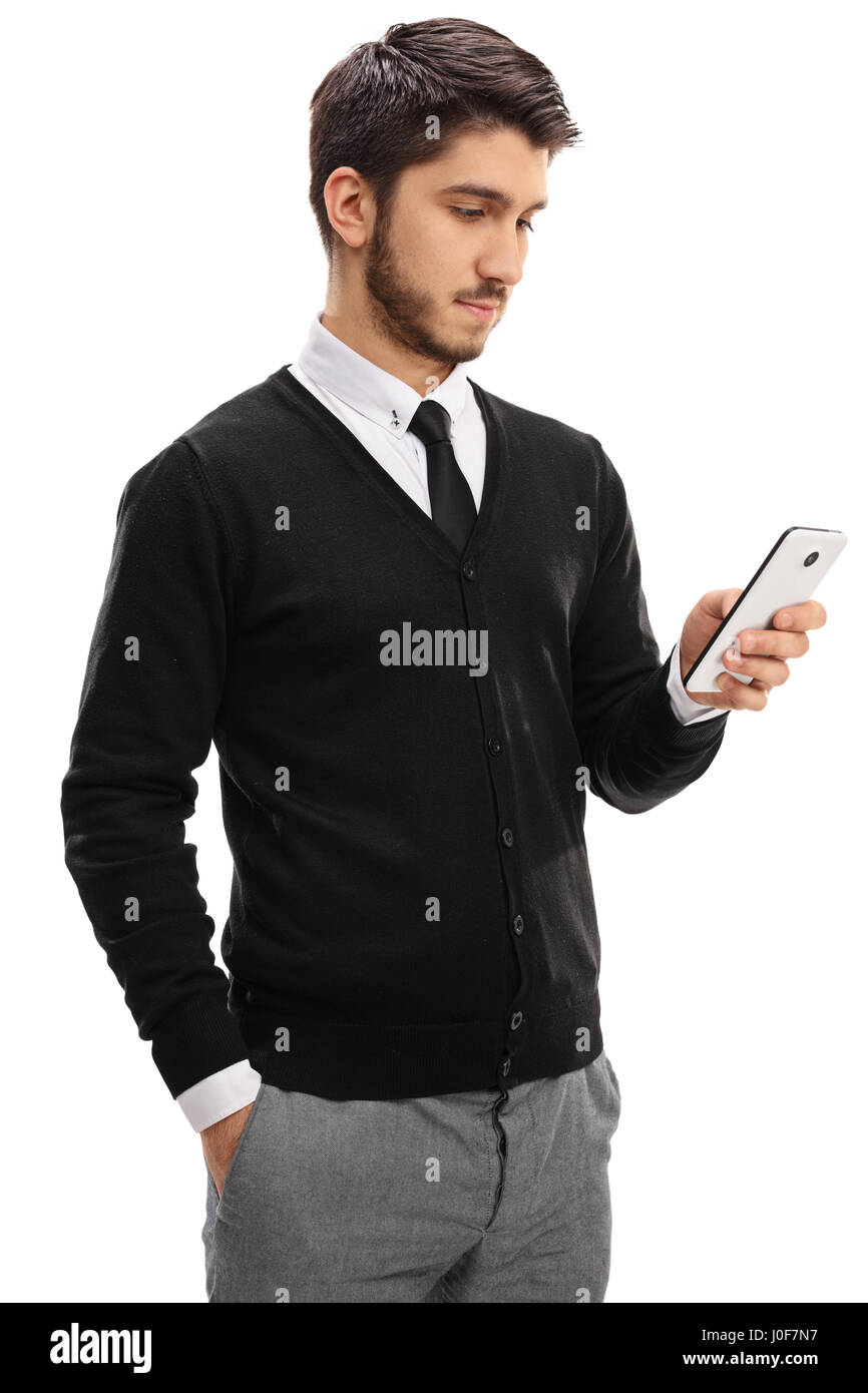 Young man using a mobile phone isolated on white background Stock Photo ...