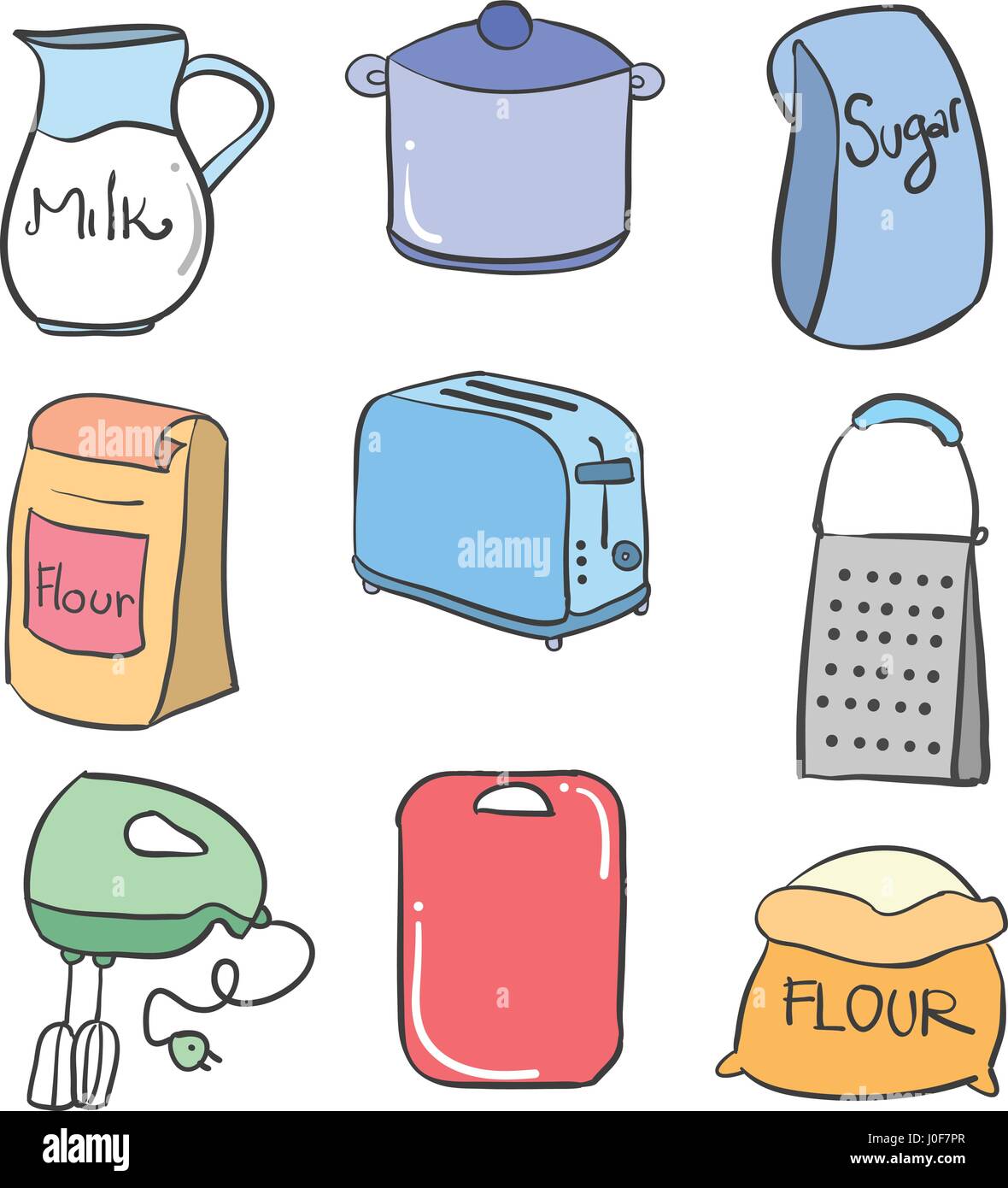 Collection stock kitchen set colorful doodles vector illustration Stock ...