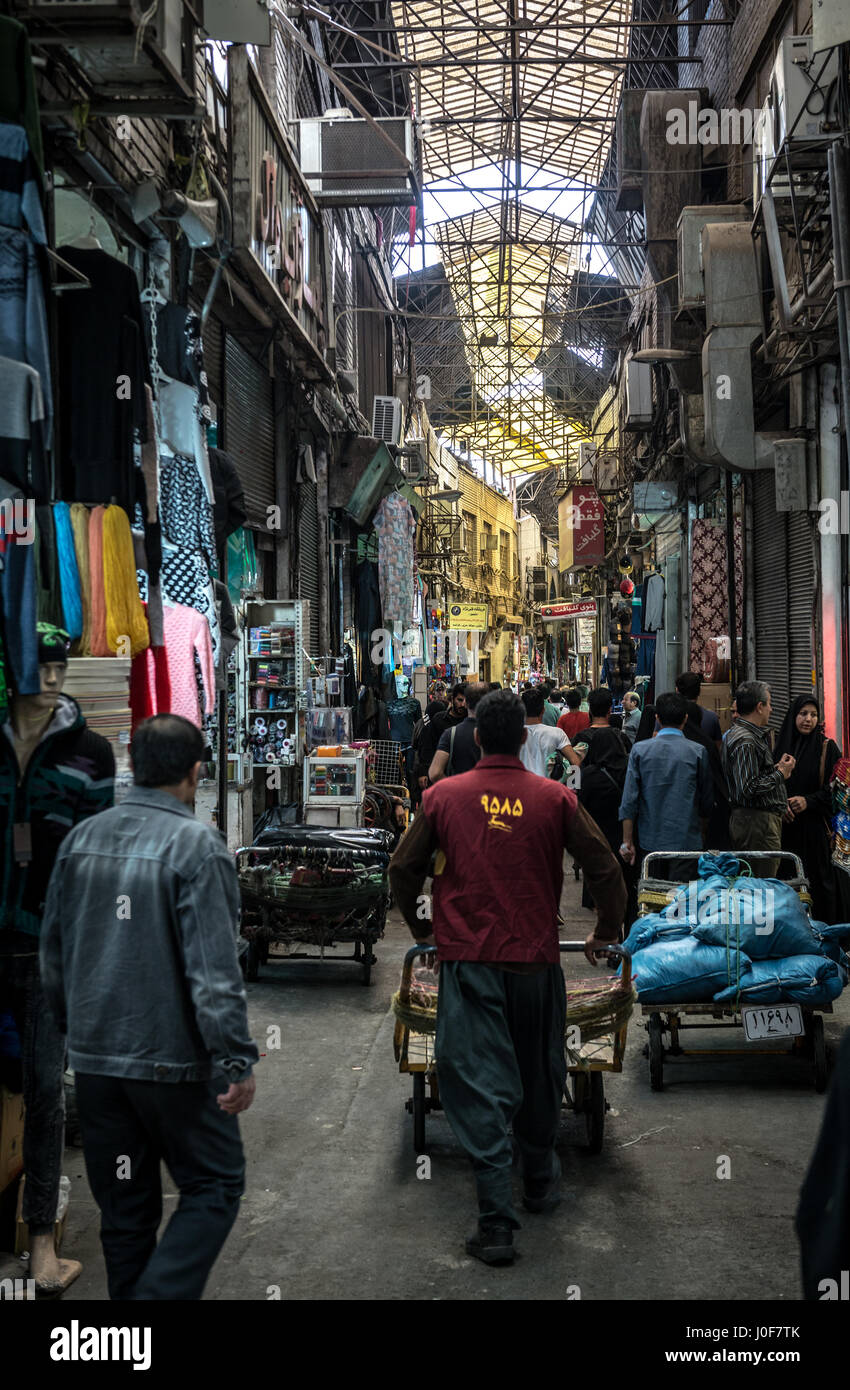 Alleyway with clothing shops on the Grand Bazaar in Tehran city ...