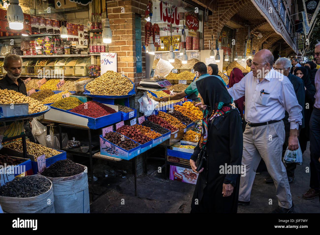 Stand with lot of nuts and dried fruits on the Grand Bazaar in Tehran ...