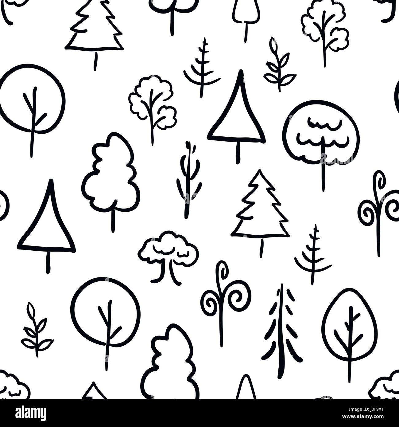 A lot of hand-drawn trees on white, retro seamless pattern Stock Vector ...