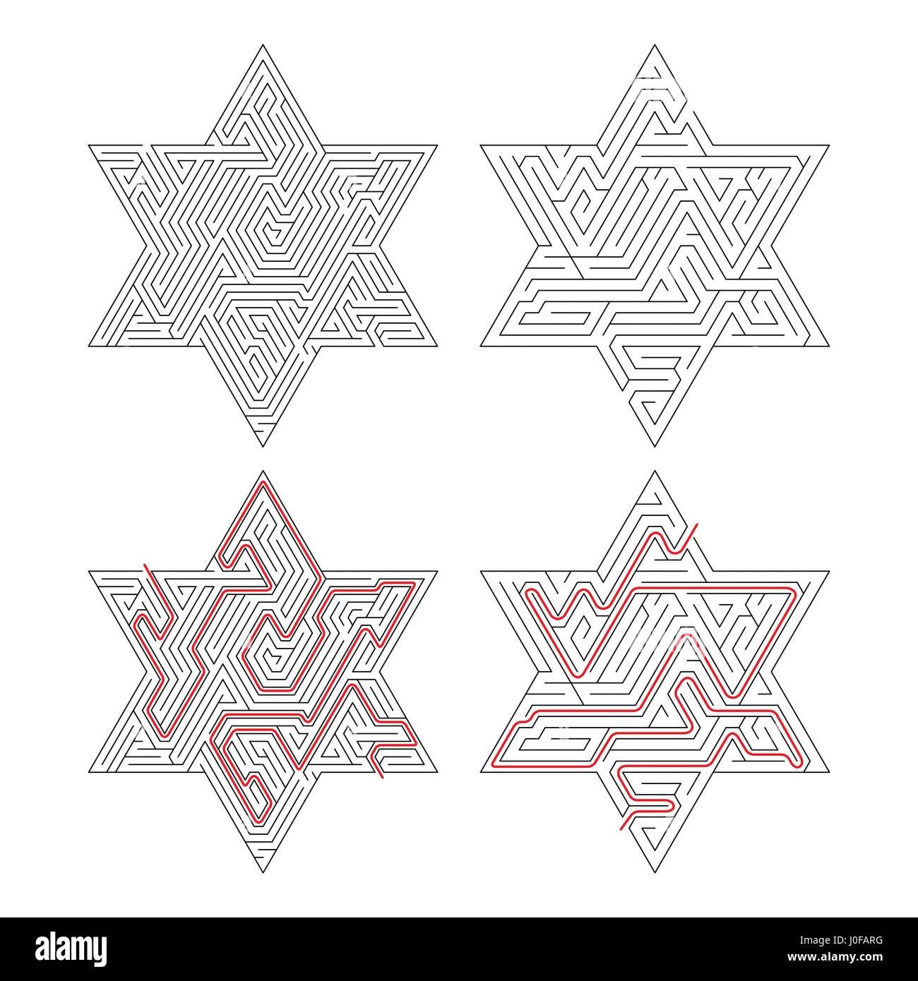 Two different complicated star-shaped labyrinths with red path of ...