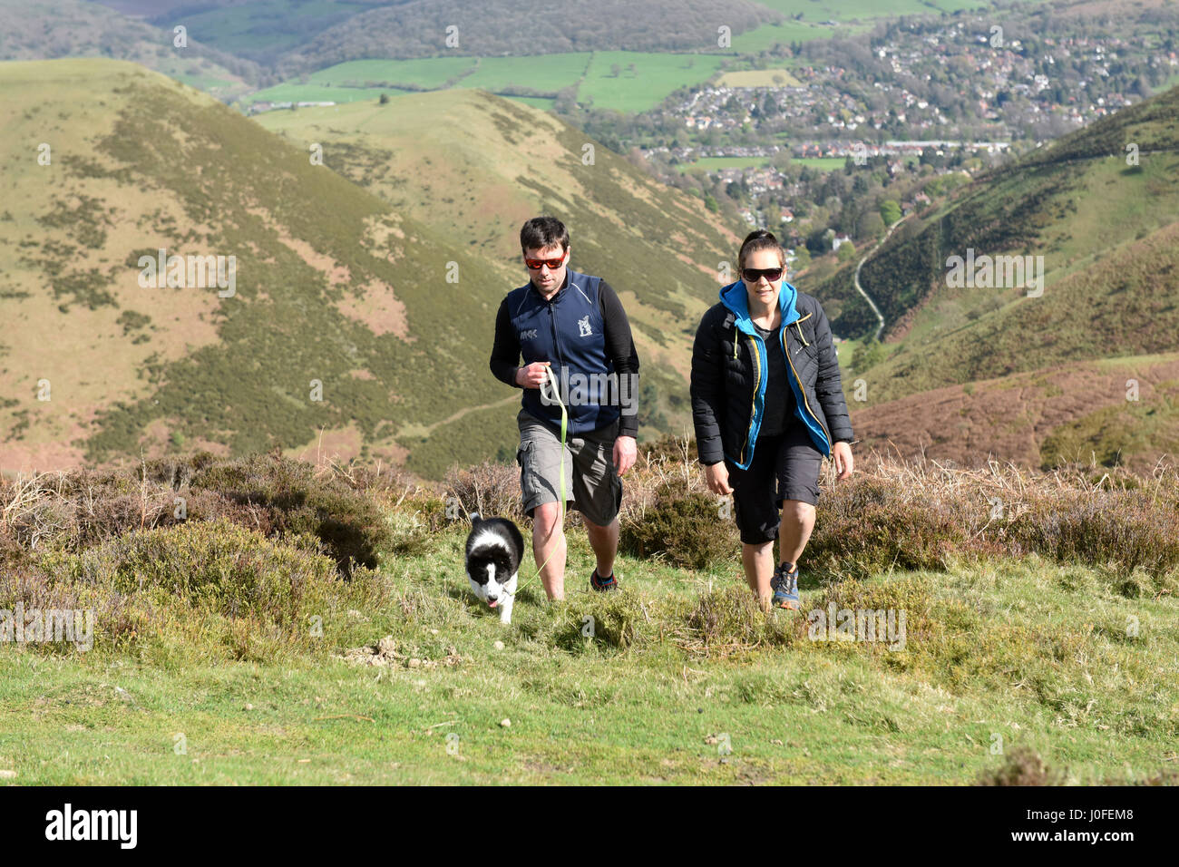 Man and woman walking puppy dog on The Long Mynd Carding Mill Valley in ...