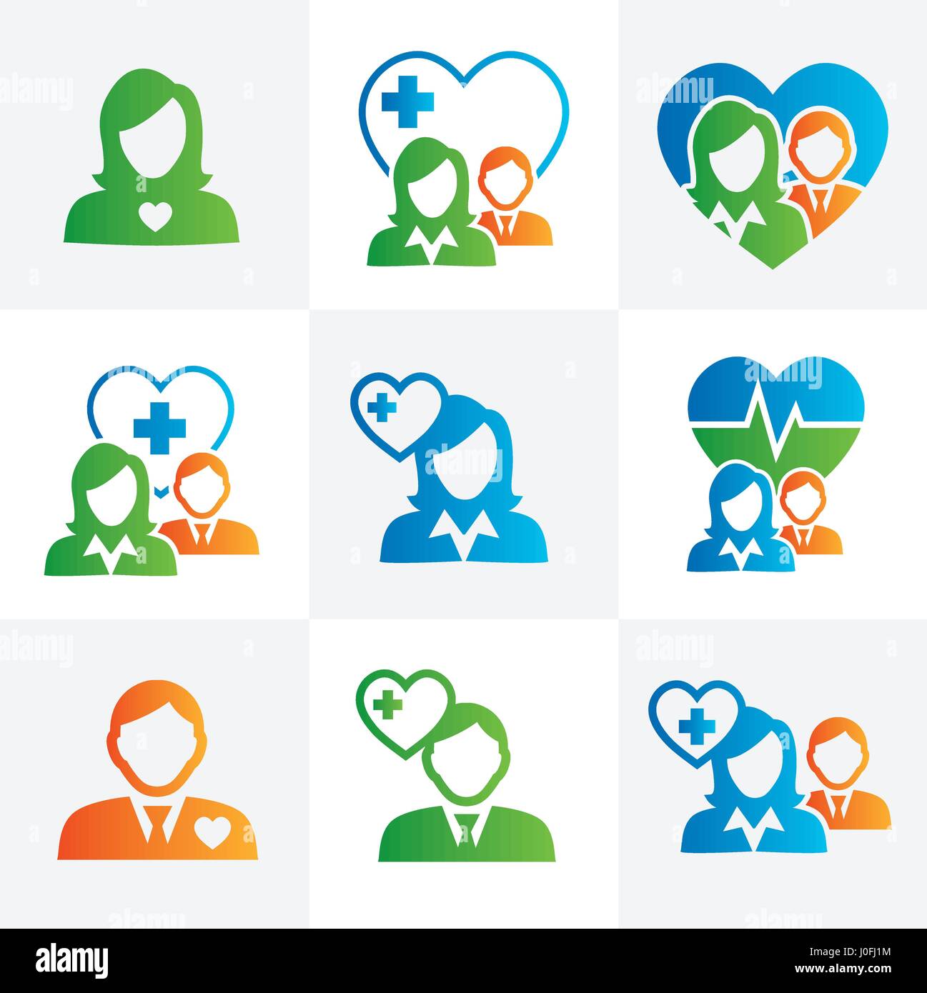 Medical Healthcare Insurance Icons with People Figures and Heart, EKG ...