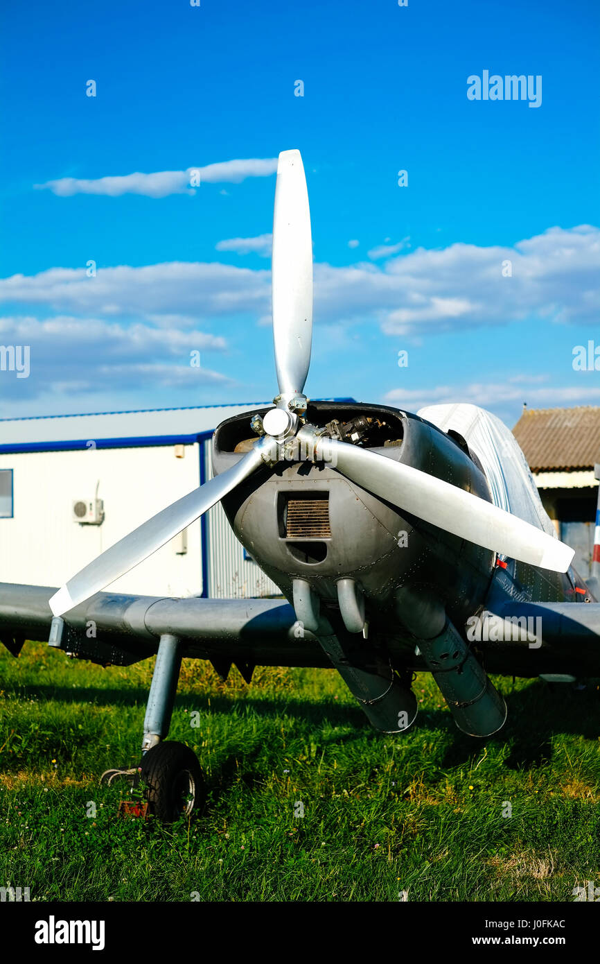 Gray airpane parked on the grass at the airfield Stock Photo - Alamy
