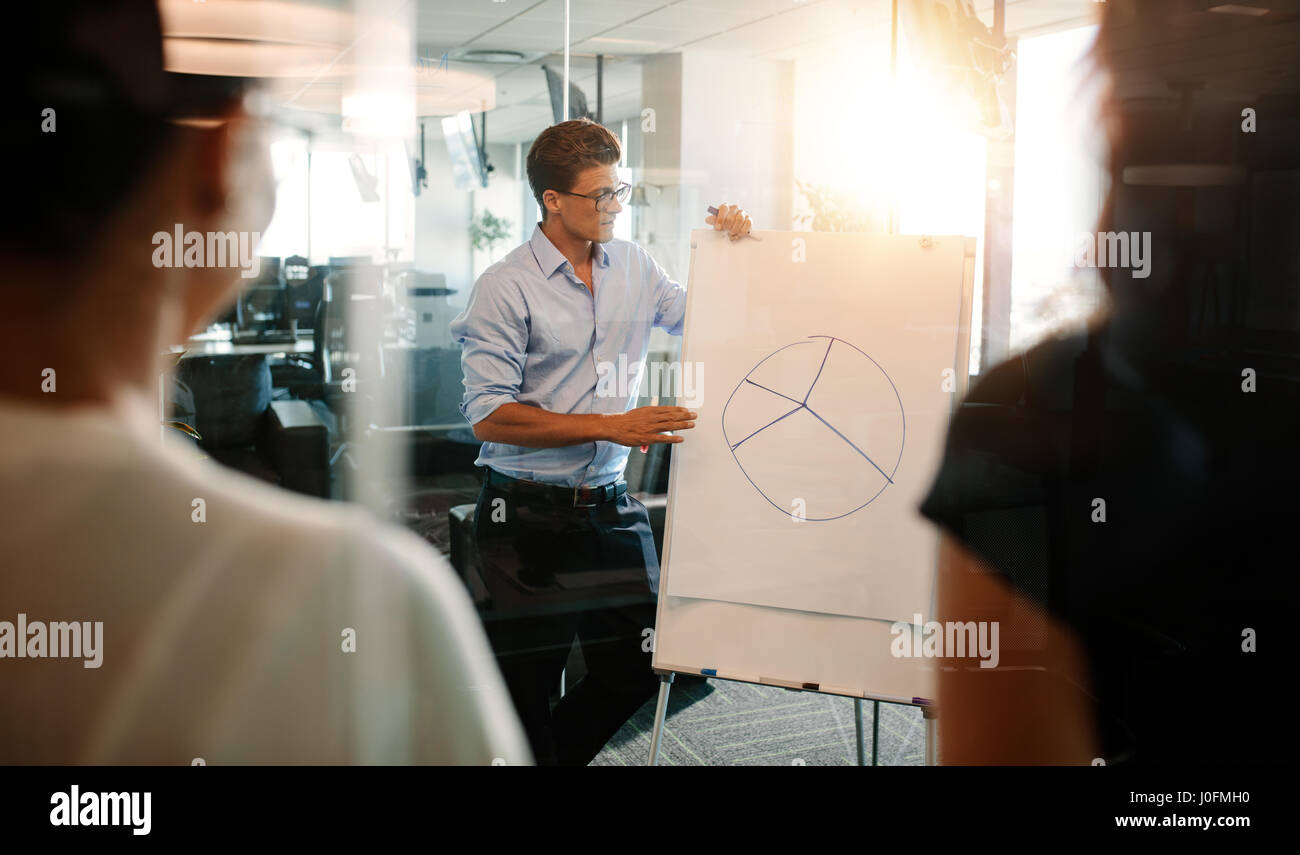 Businessman explaining pie chart to colleagues in office. Mature ...