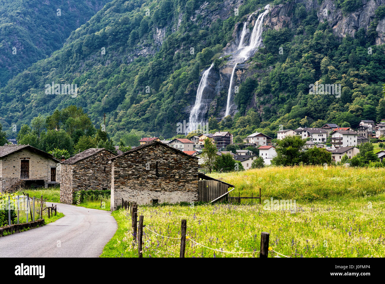 Val Bregaglia (Grigioni, Graubunden, Switzerland) with the bicycle path ...