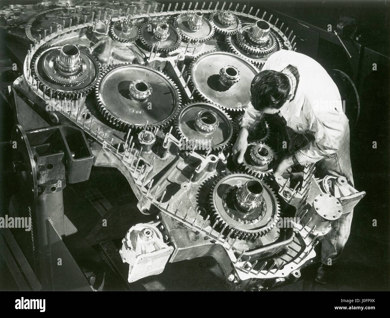 Deltic engine, final gear is being fitted into a phasing gearing ...