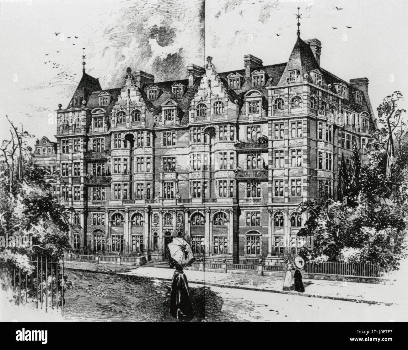 IMechE headquarters, with ladies holding parasols in the foreground ...