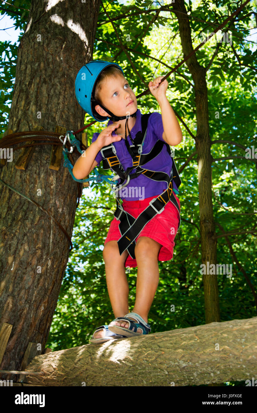 Five year boy on rope-way in forest Stock Photo - Alamy