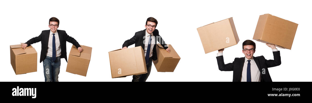 Funny man with boxes isolated on white Stock Photo - Alamy