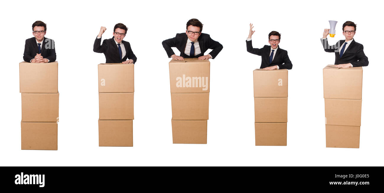 Funny man with boxes isolated on white Stock Photo - Alamy