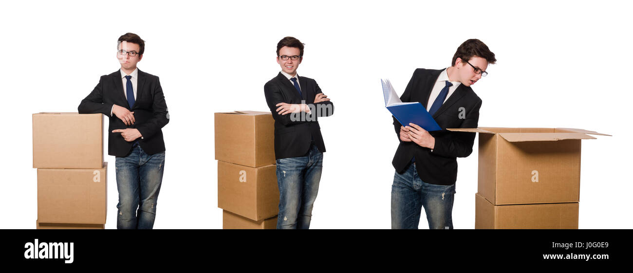 Funny man with boxes isolated on white Stock Photo - Alamy